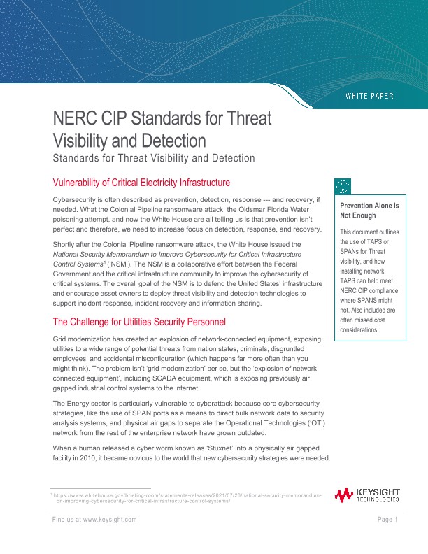 NERC CIP Standards for Threat Visibility and Detection PDF Asset Page | Keysight